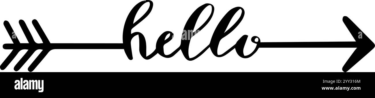 Hand drawn lettering spelling hello accompanied by a right pointing ...