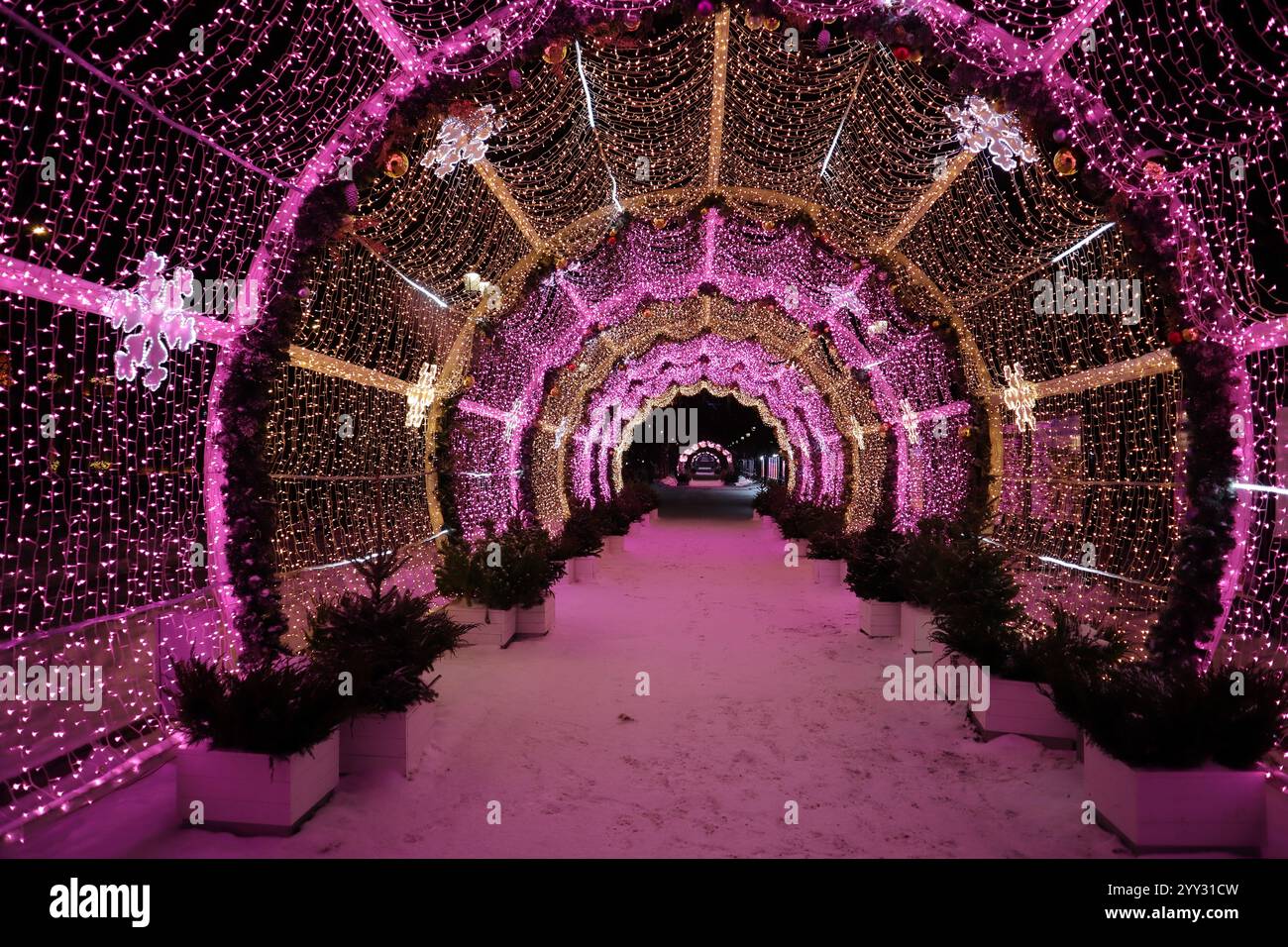 Colourful tunnel of Christmas lights in the night background. A long ...