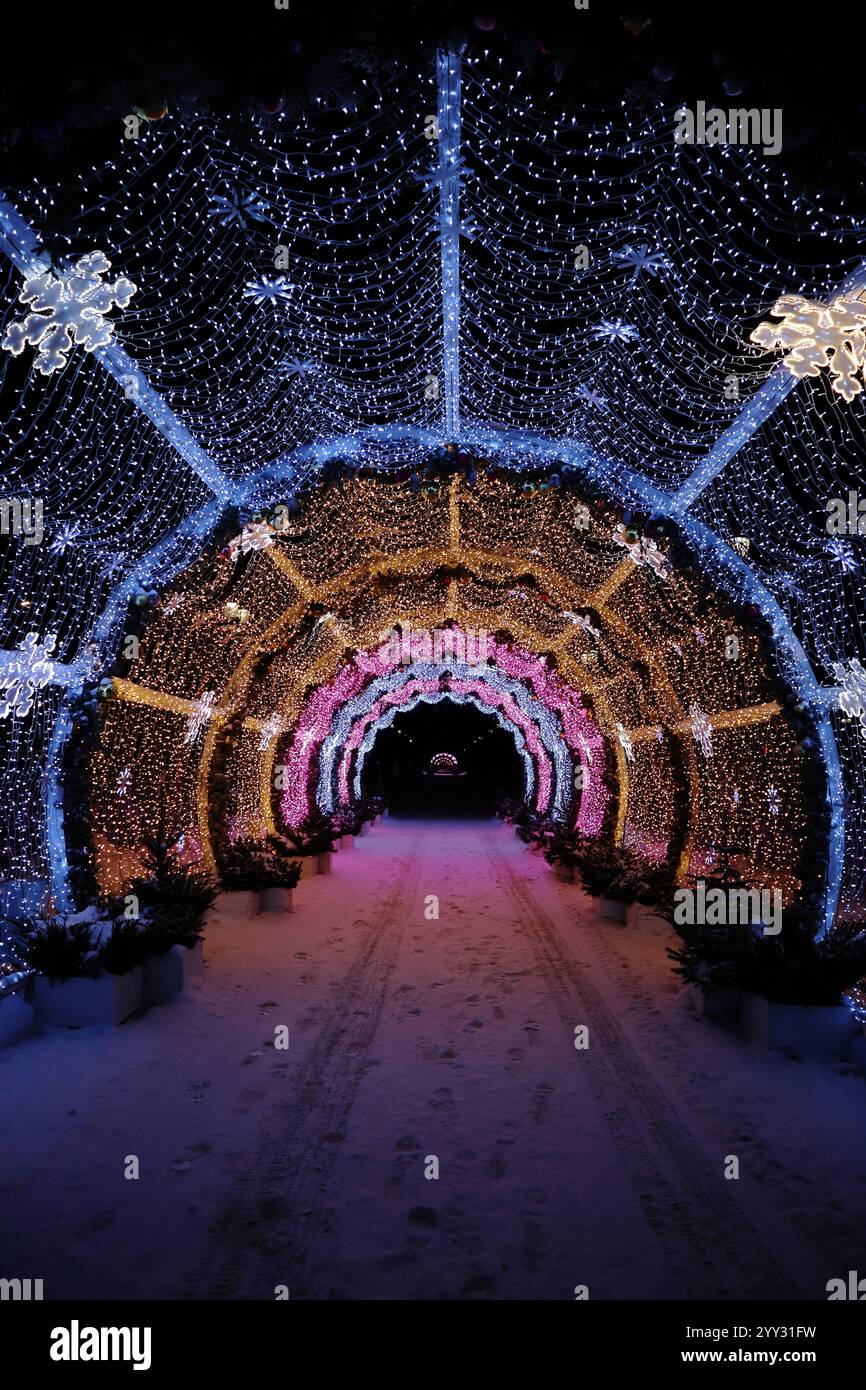 Colourful tunnel of Christmas lights in the night background. A long ...