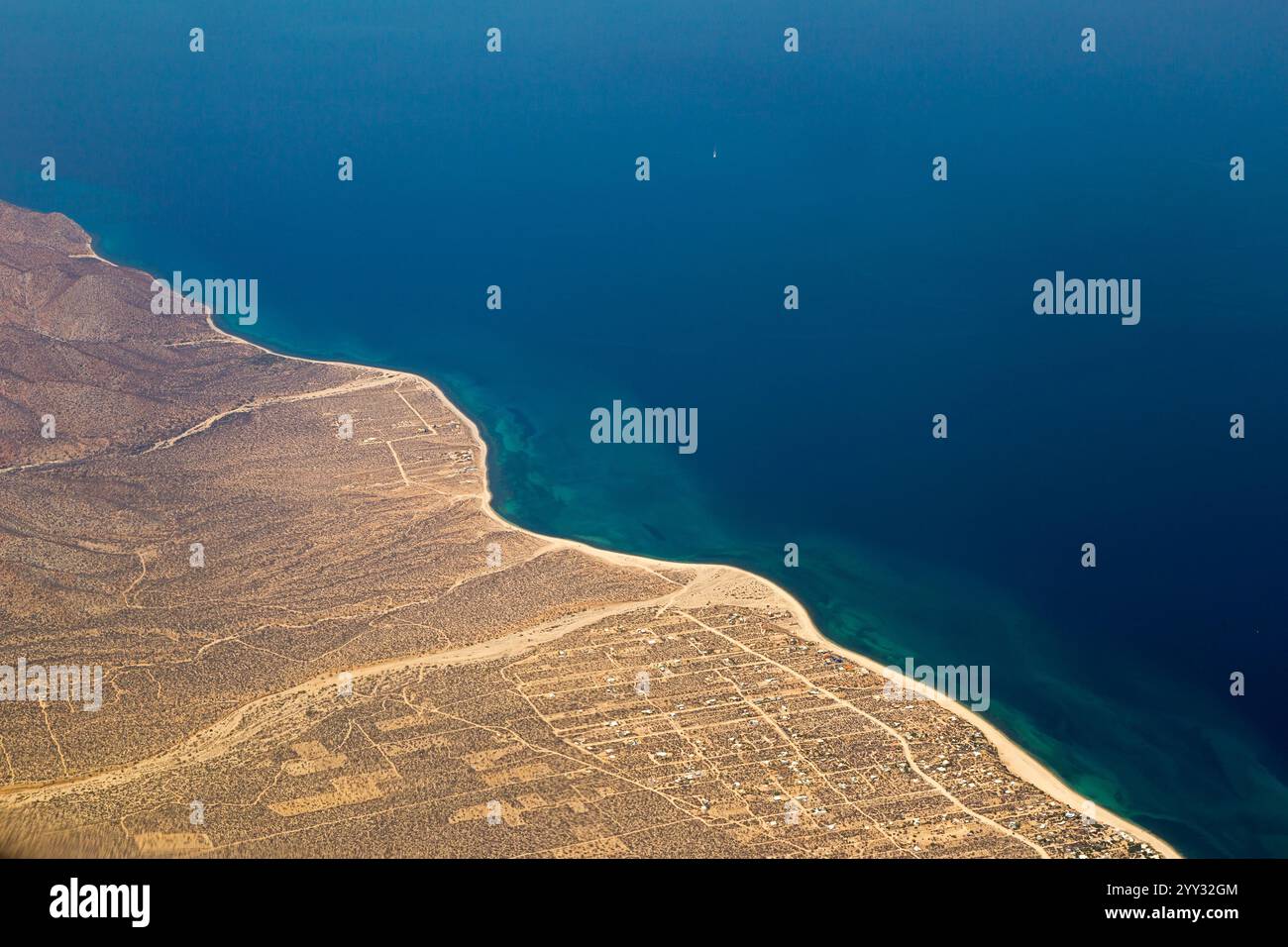 Aerial view of the desert and the sea. La Paz, Baja California Sur ...