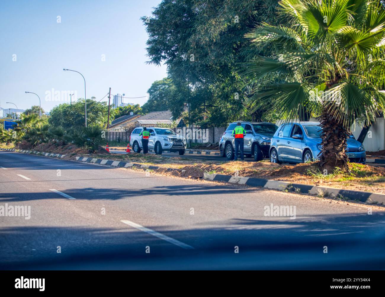 Gaborone, Botswana,12 May 2020, police road block checking drivers ...