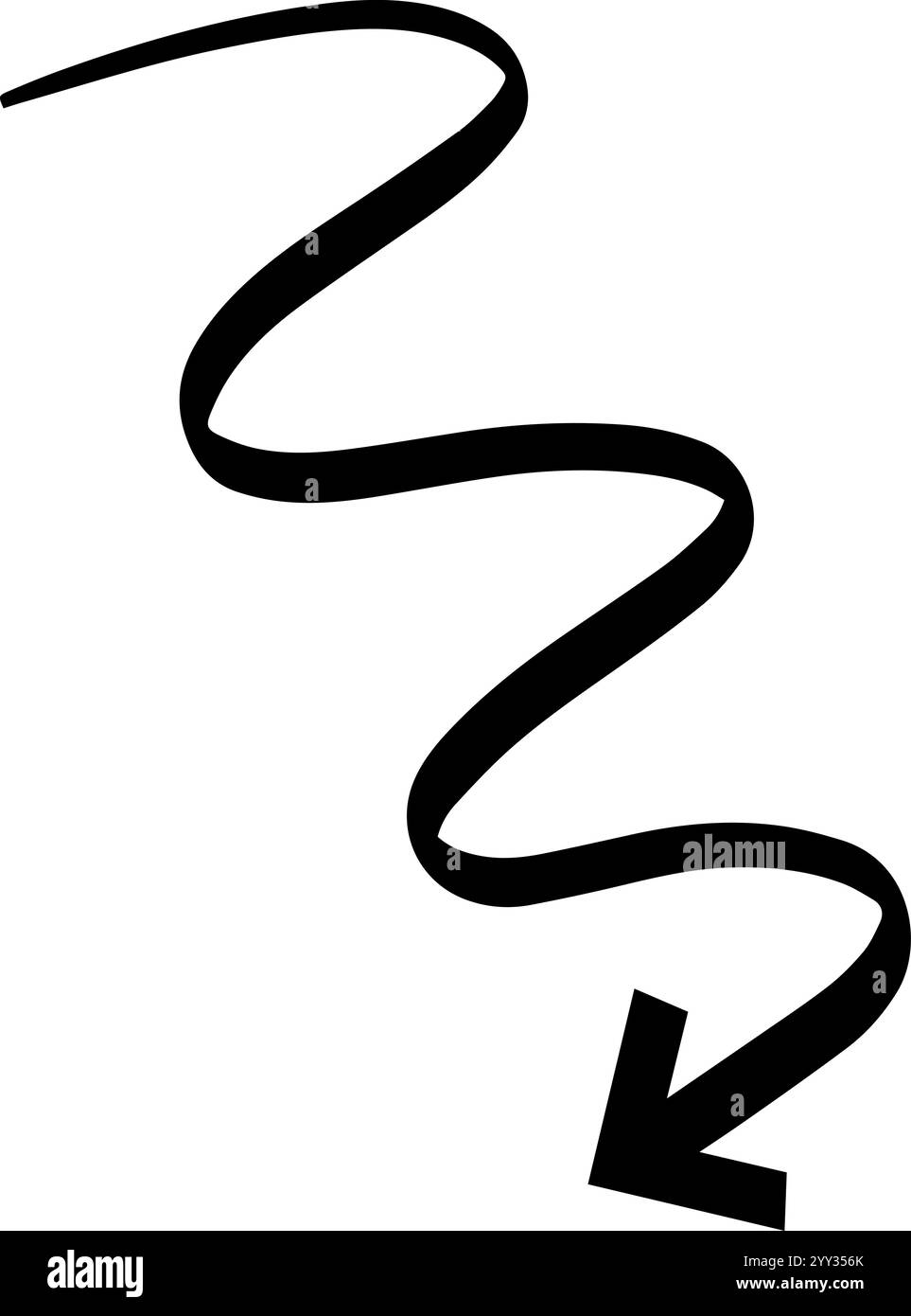 Bold, black squiggly arrow pointing downward against a clean white background, effectively ...