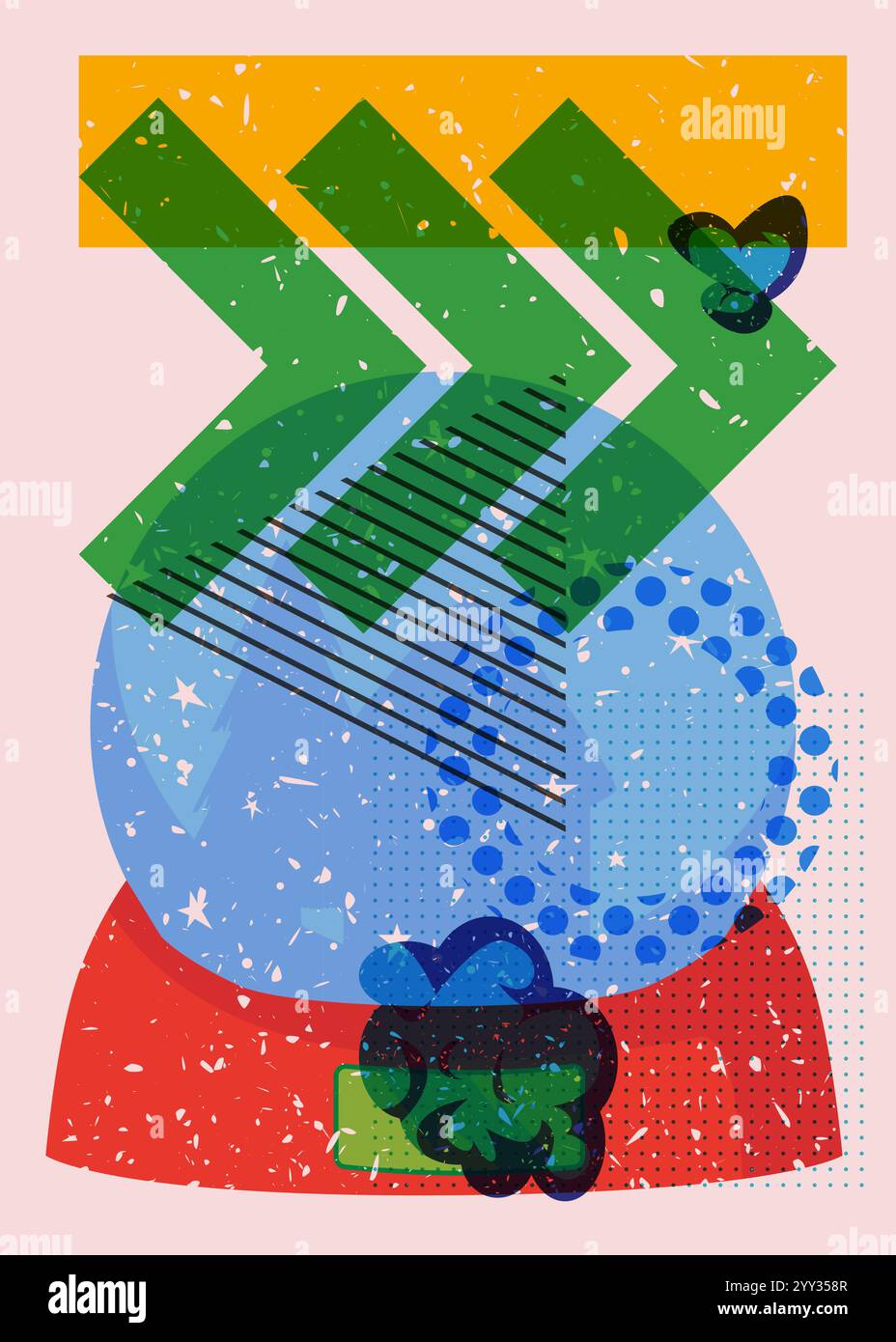 Risograph Snow Globe with geometric shapes. Objects in trendy riso graph print texture style ...