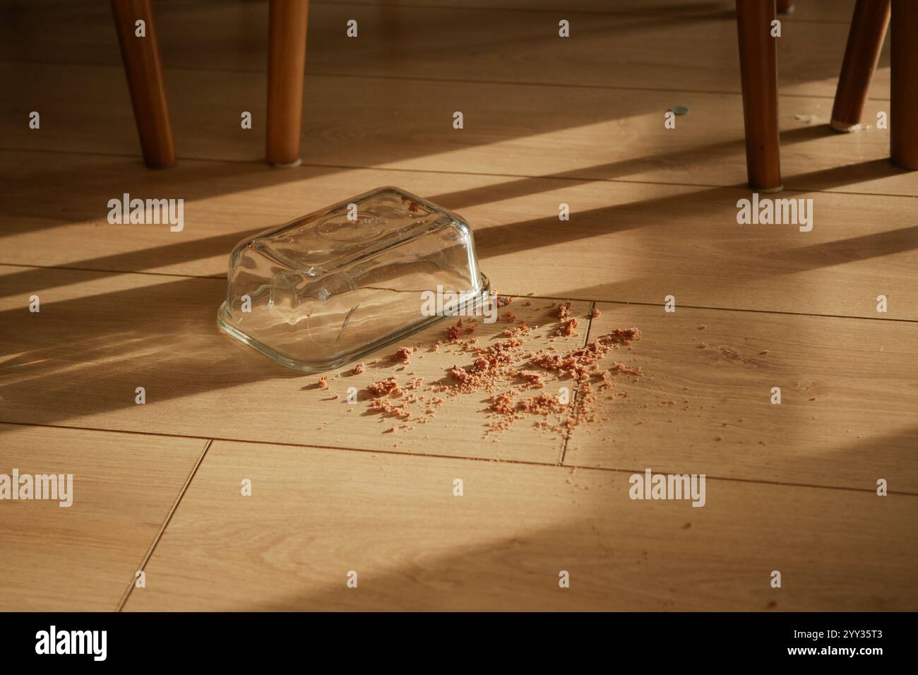 A glass container was accidentally spilled on the wooden floor surface ...