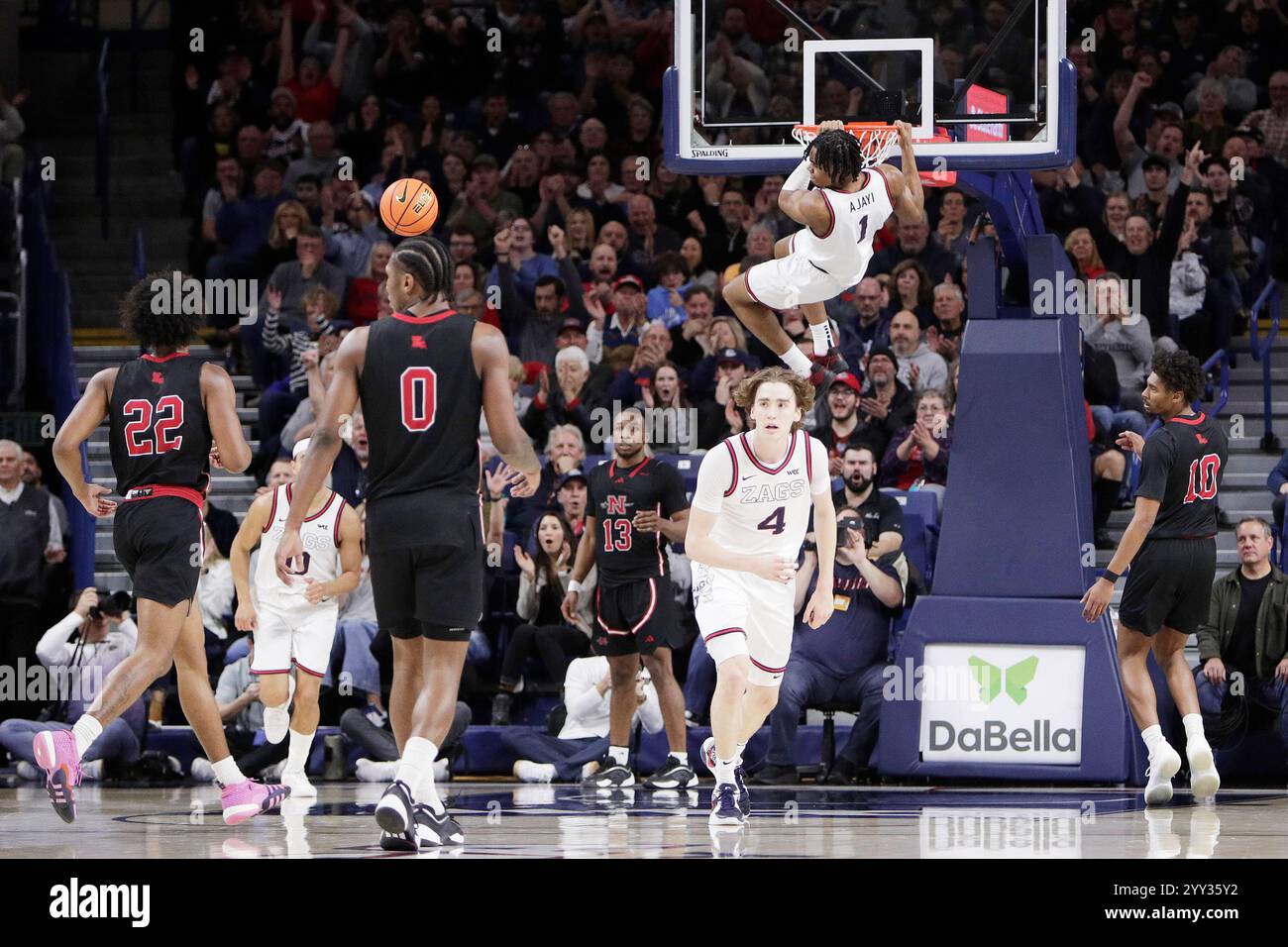 Gonzaga guard Michael Ajayi (1) hangs on the rim after his dunk during ...