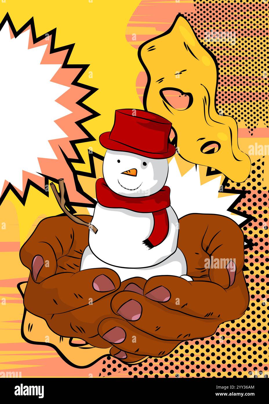 Cartoon Snowman with blank speech bubble, comic book Holiday background ...