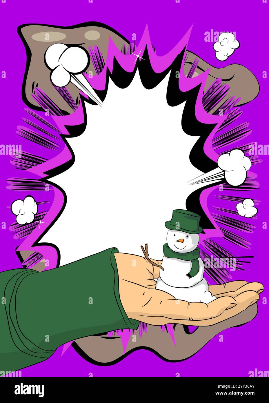 Cartoon Snowman with blank speech bubble, comic book Holiday background ...