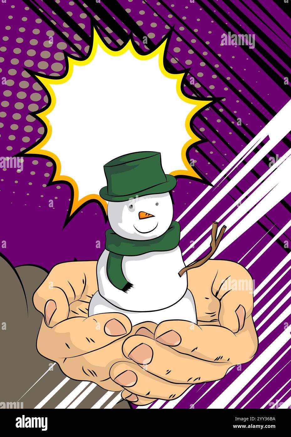 Cartoon Snowman with blank speech bubble, comic book Holiday background ...