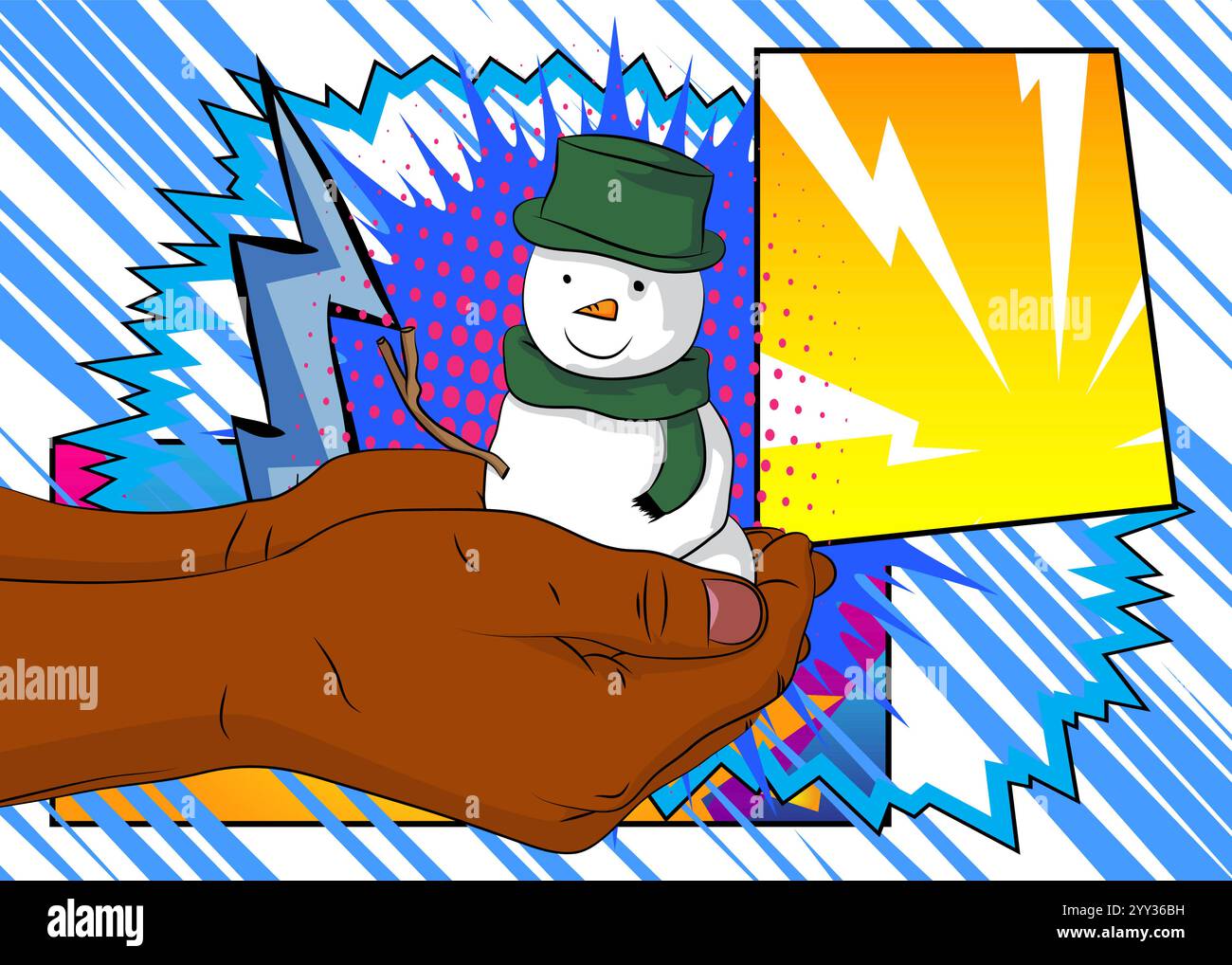 Cartoon Snowman with blank speech bubble, comic book Holiday background ...