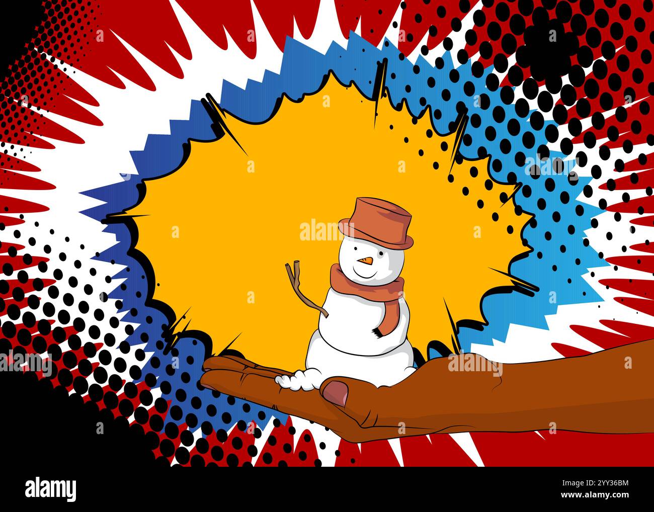 Cartoon Snowman with blank speech bubble, comic book Holiday background ...