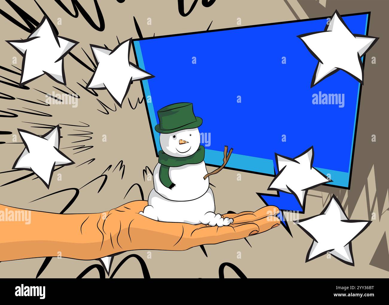 Cartoon Snowman with blank speech bubble, comic book Holiday background ...