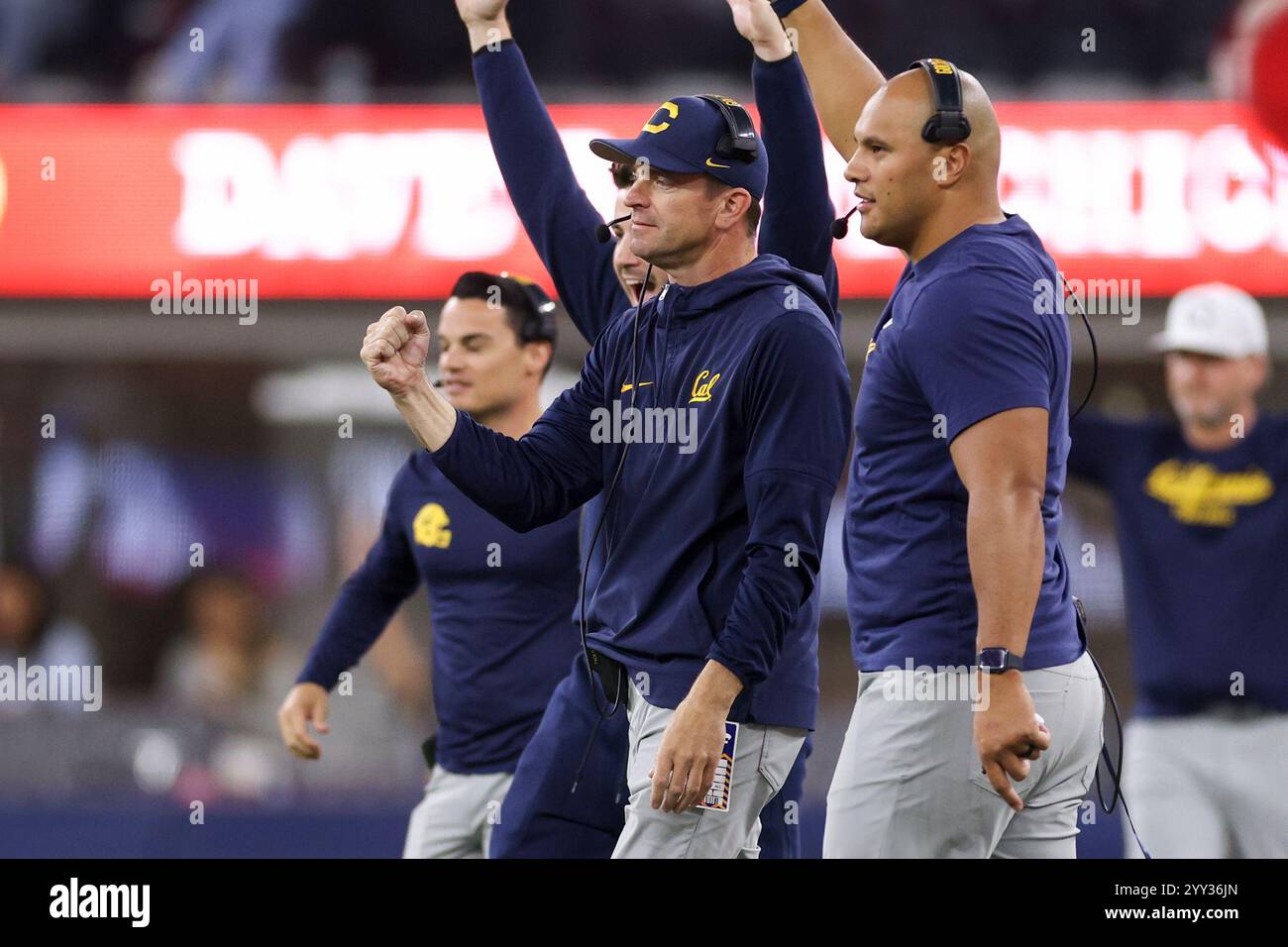 California head coach Justin Wilcox, left, reacts during the first half ...