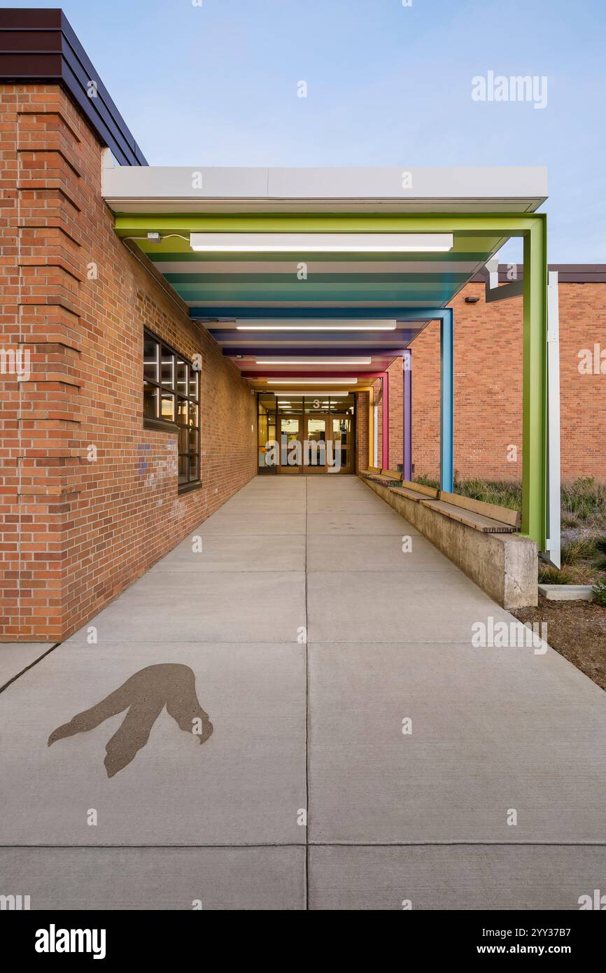 Entrance to community center with multi colored stripes on under hi-res ...