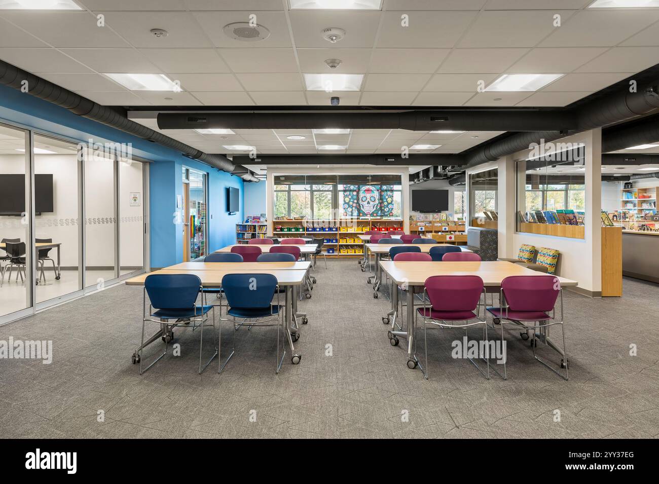 Library and technology center in school with media center behind ...