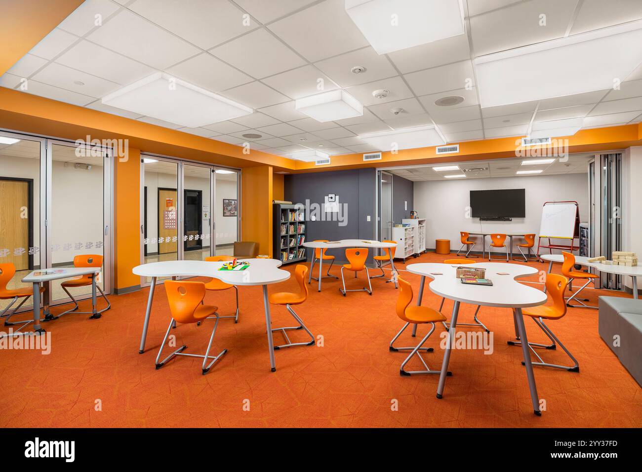 Interior of colorful orange flex classroom for students with movable ...