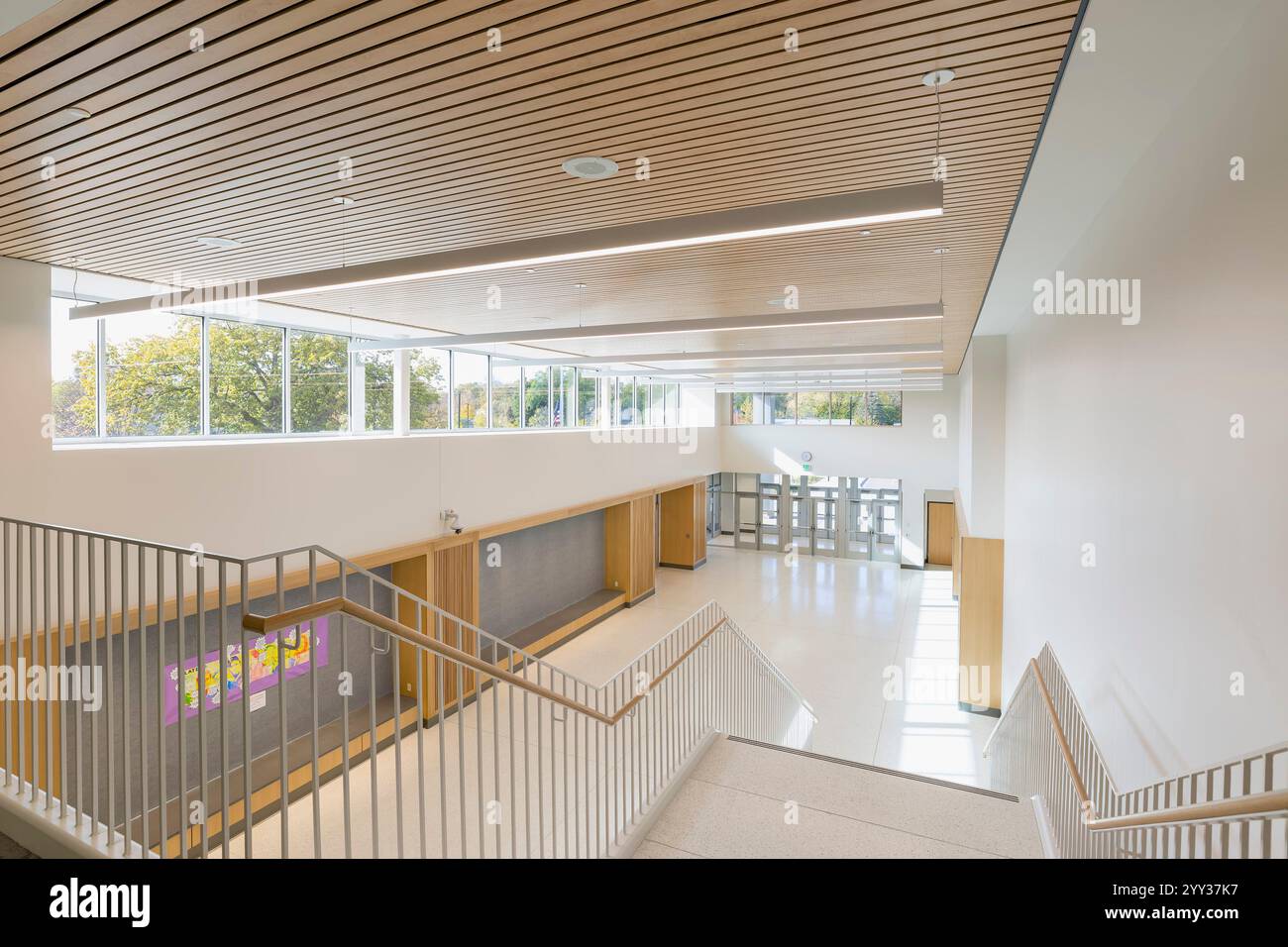 Middle school entrance hall view from top of stairs hi-res stock ...