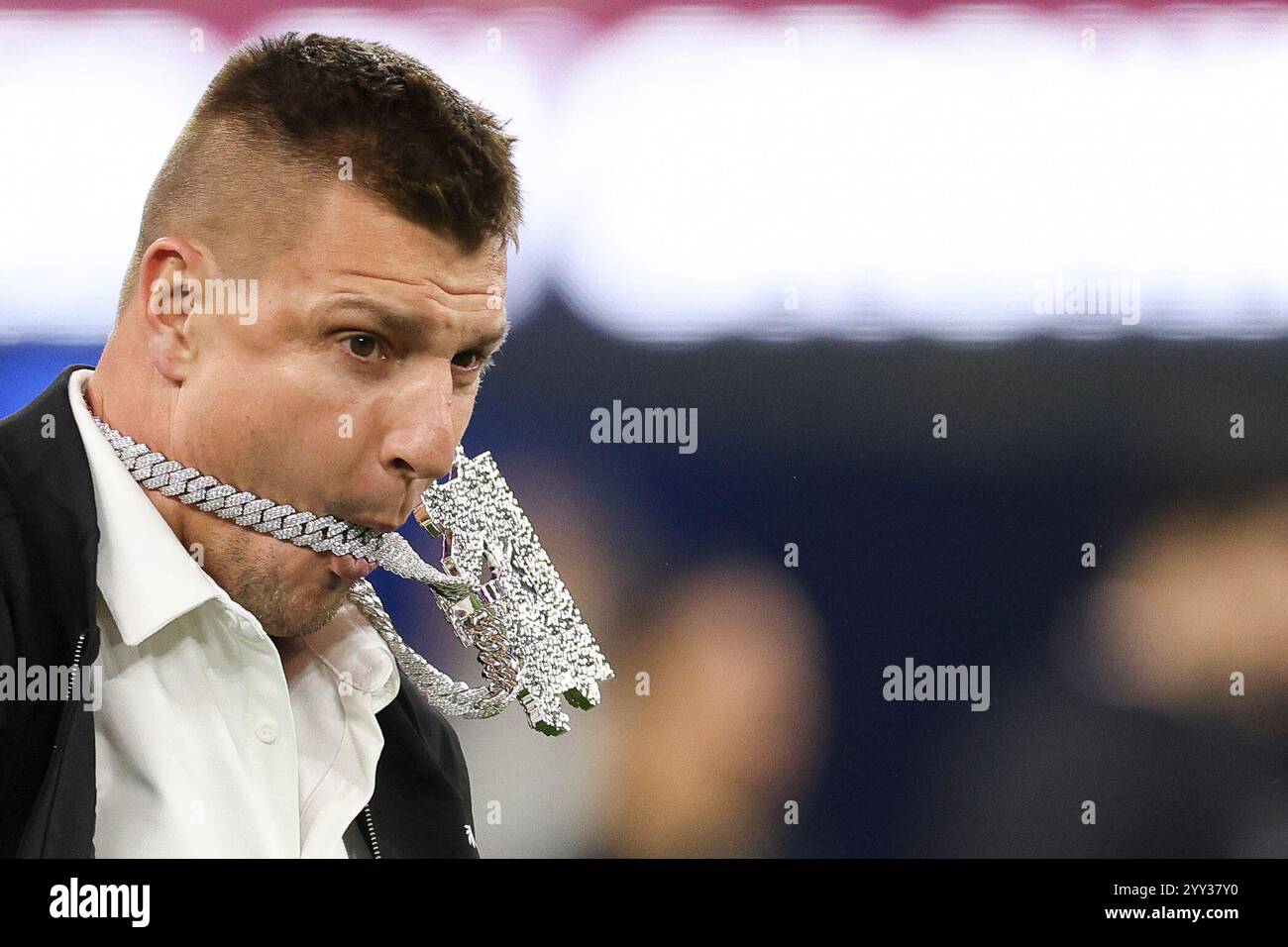 Former NFL tight end Rob Gronkowski reacts before the LA Bowl NCAA ...