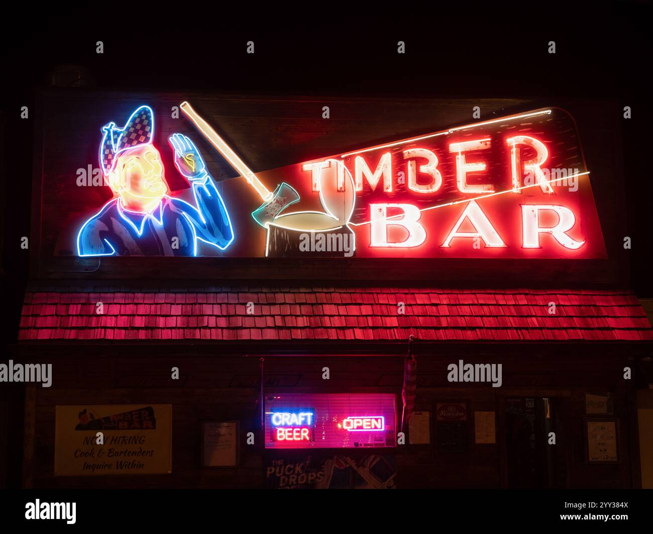 Timber Bar's unique, vintage neon sign photographed at night in Big ...