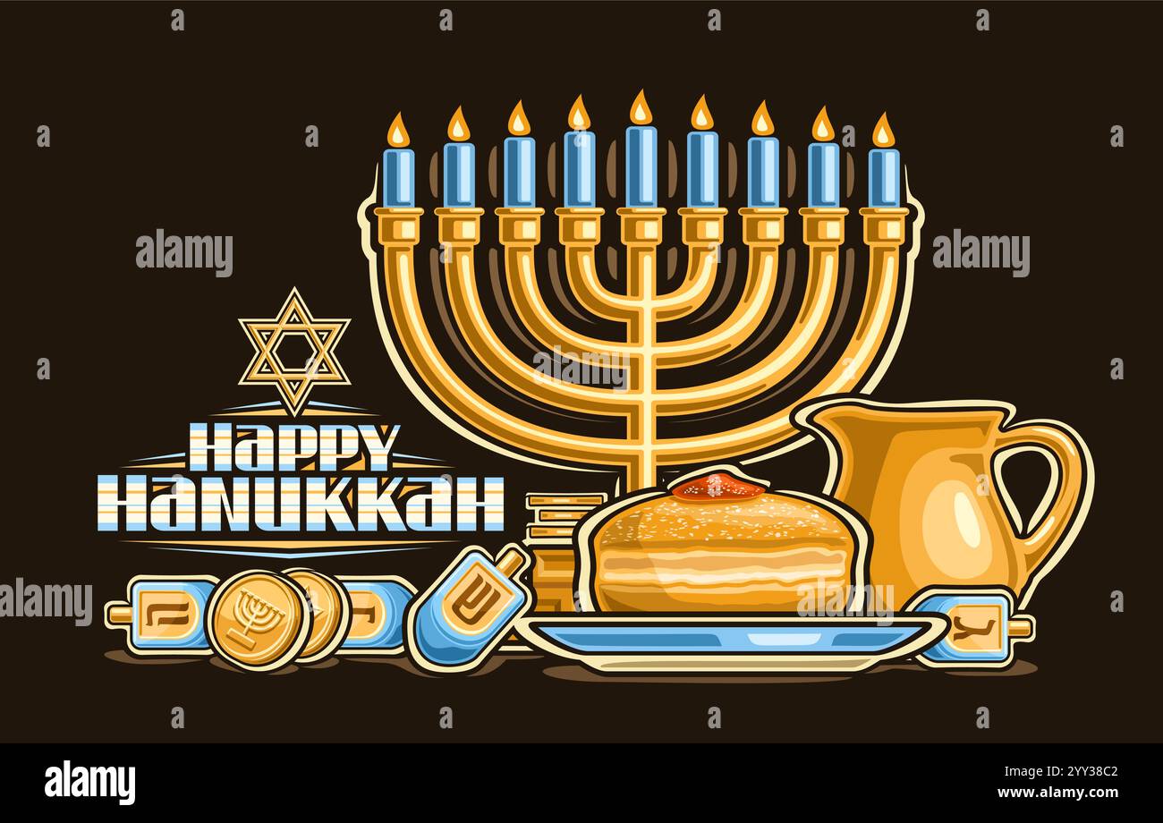 Vector greeting card for Hanukkah, horizontal poster with illustration ...