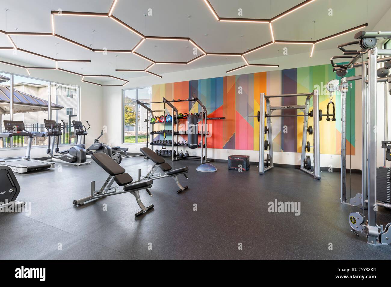 Fitness center with colorful wall in apartment building complex Stock ...