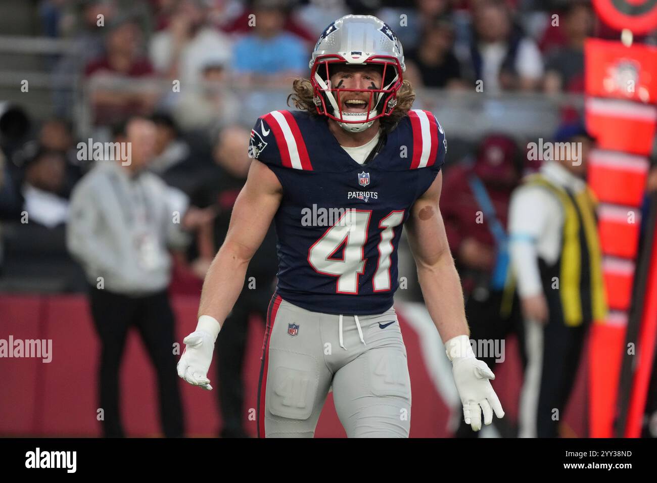 New England Patriots safety Brenden Schooler (41) lines up against the ...