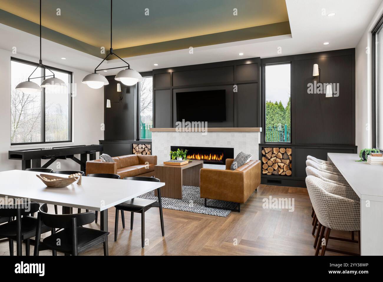 Community room in apartment building with firelace and TV seating area ...