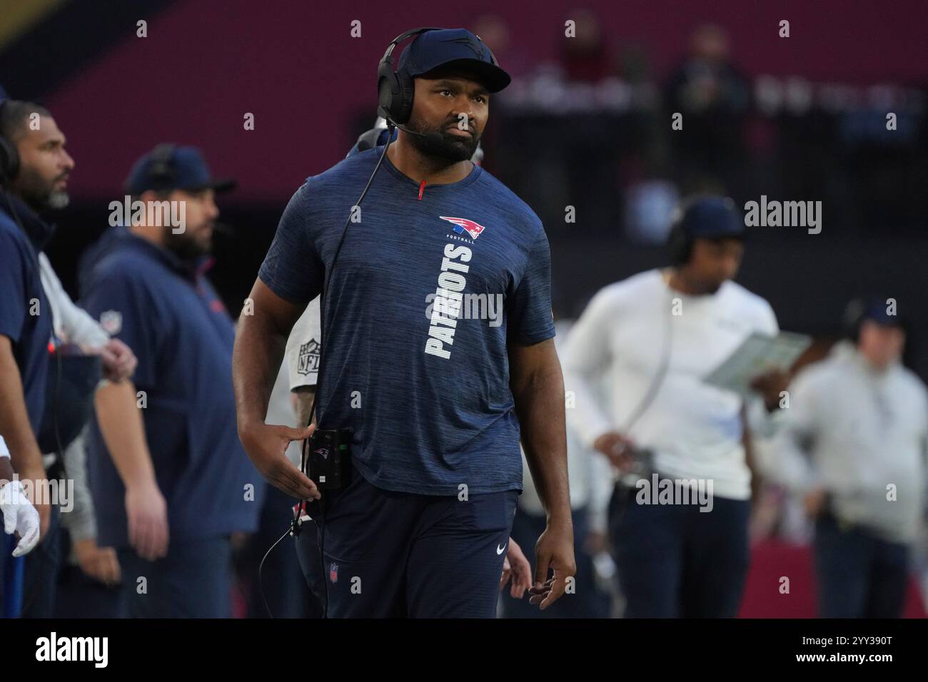 New England Patriots head coach Jerod Mayo against the Arizona ...