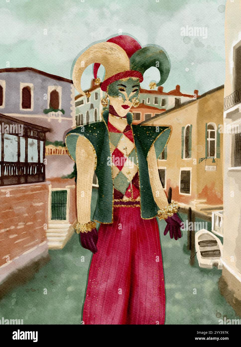 A vibrant illustration of a whimsical character in a beautiful Venetian ...