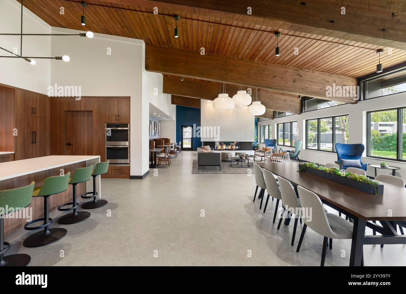 Community room in apartment building with kitchen and fireplace hi-res ...