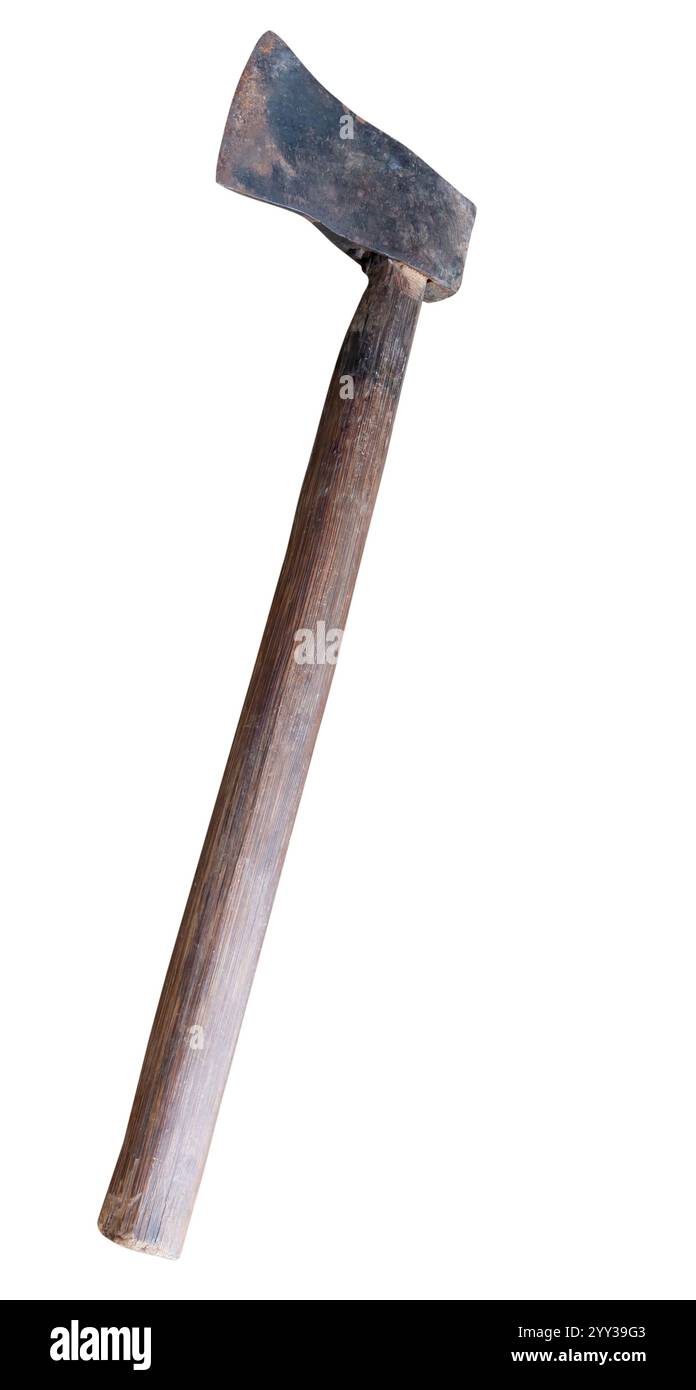 Old rust dirty dark gray axe with brown wooden handle is isolated on ...