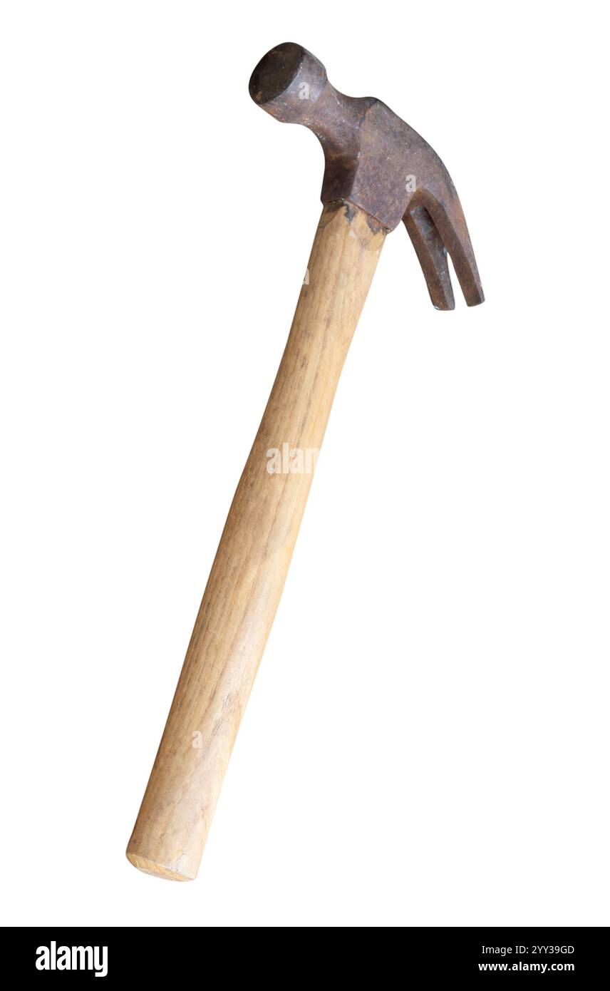 Small old hammer with wooden handle is isolated on white background ...