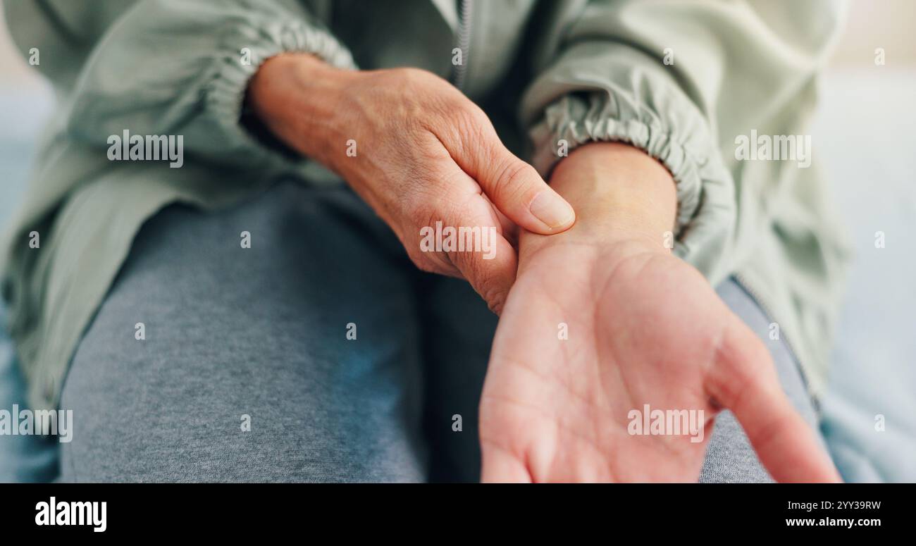 Pain, wrist and senior person with hand for problem, inflammation or ...