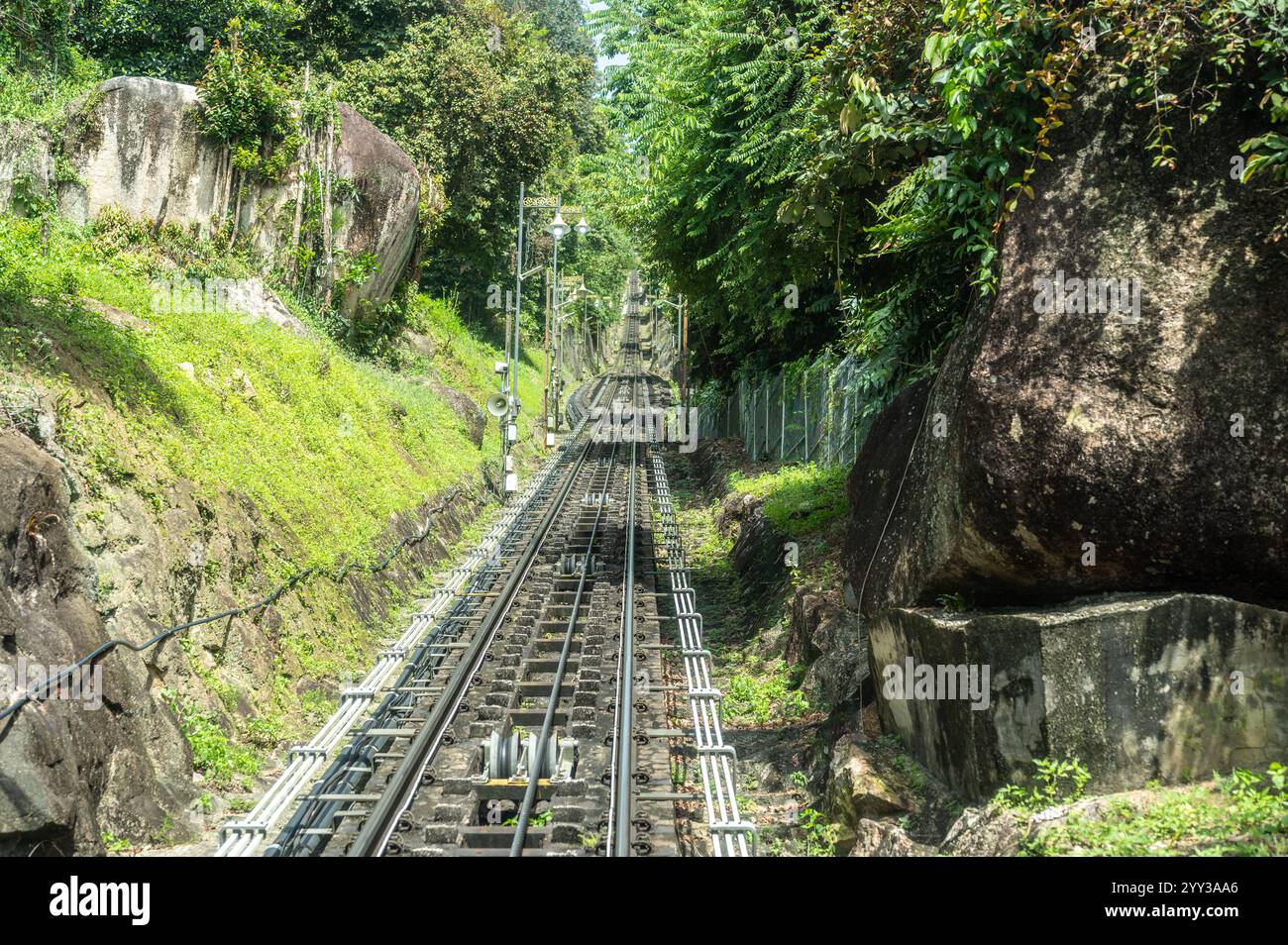 Penang Hill railway tracks leading into tunnel surrounded by lush greenery, steep incline ...