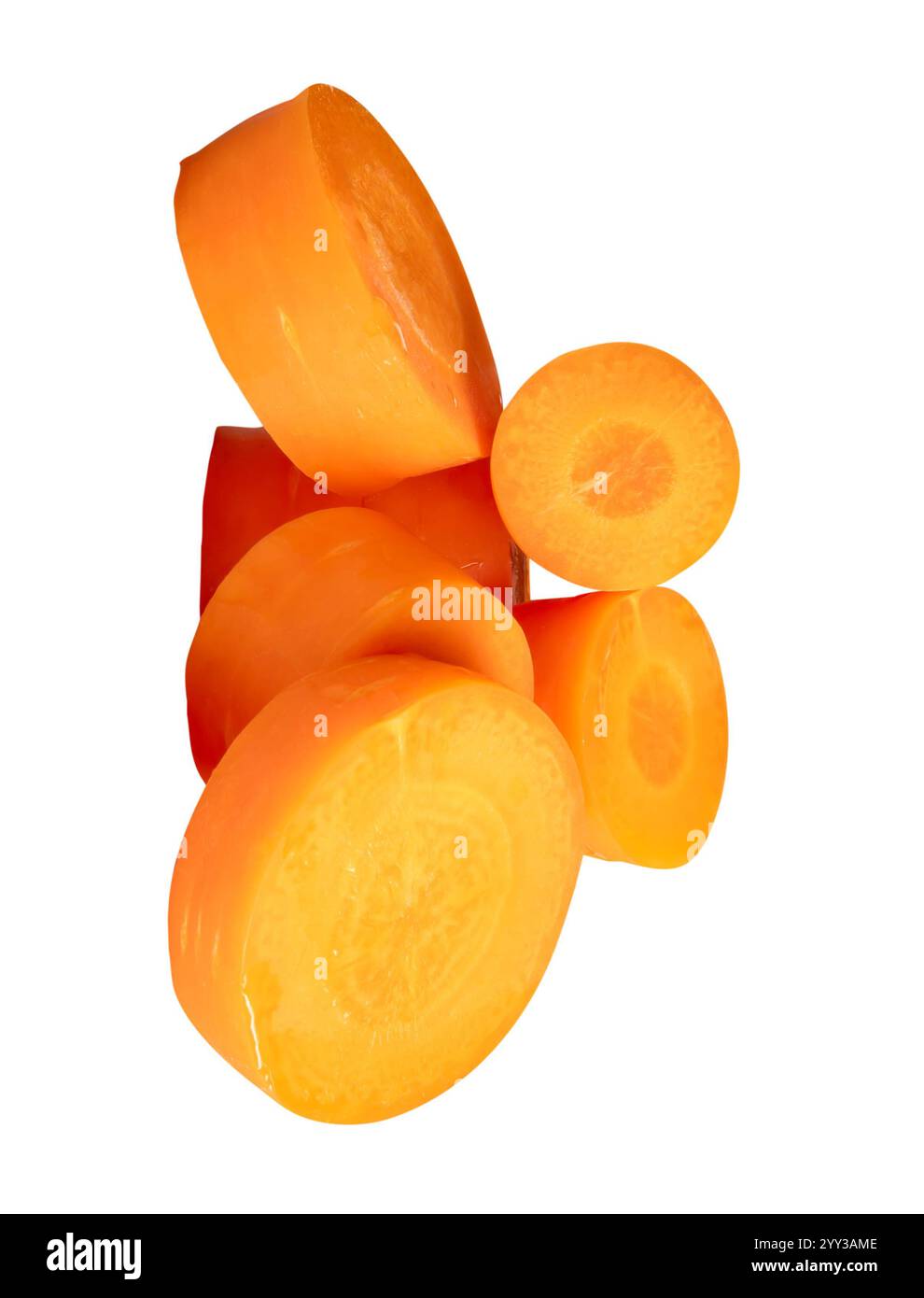 Front view of beautiful orange carrot slices in circle shape in stack ...