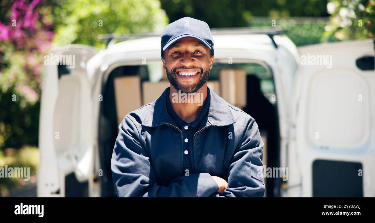 Courier, delivery man and portrait with arms crossed outdoor for ...