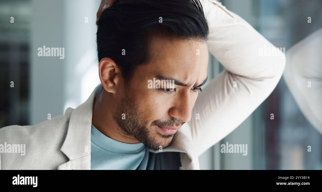 Office, thinking or Asian man with fear, worry and stress crisis for ...