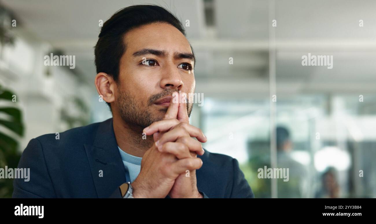 Office, thinking or Asian man with ideas, worry and company crisis for ...