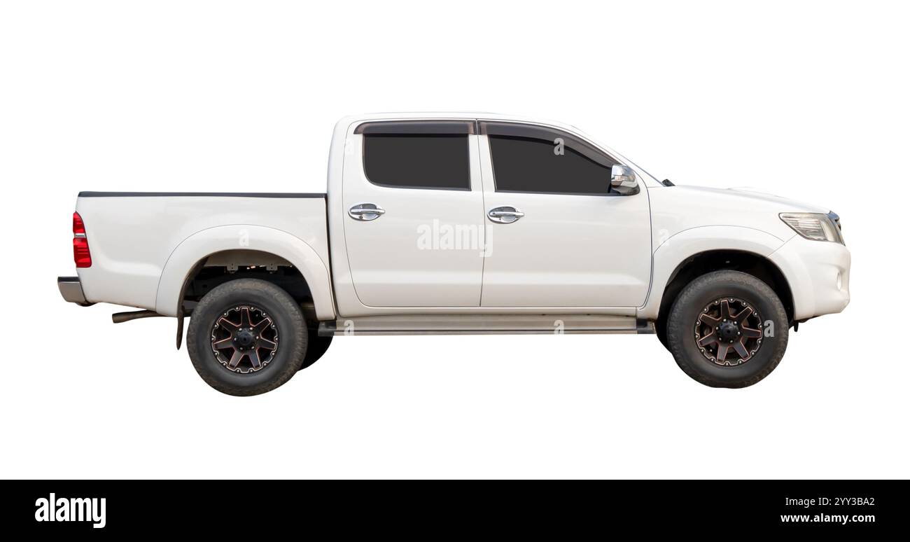Side view of white pickup truck is isolated on white background with ...