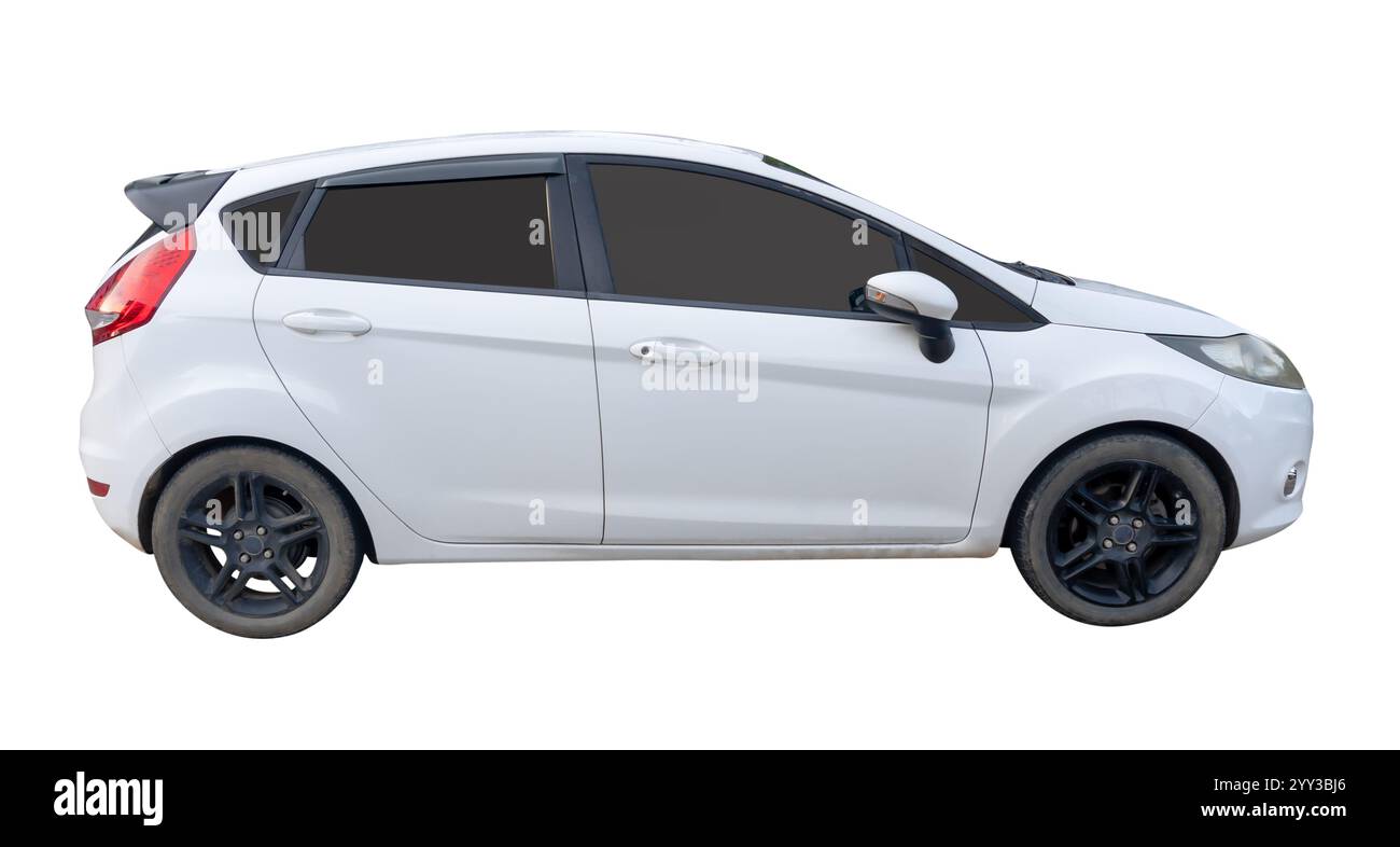 Side view of small white hatchback car is isolated on white background ...