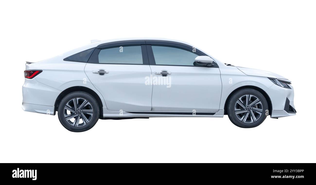 Side view of white sports sedan car is isolated on white background ...