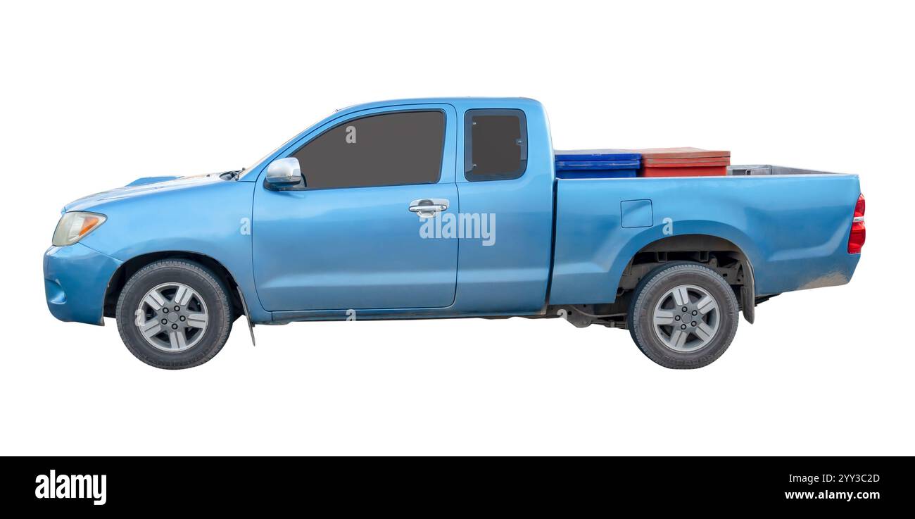 Side view of blue pickup truck is isolated on white background with ...