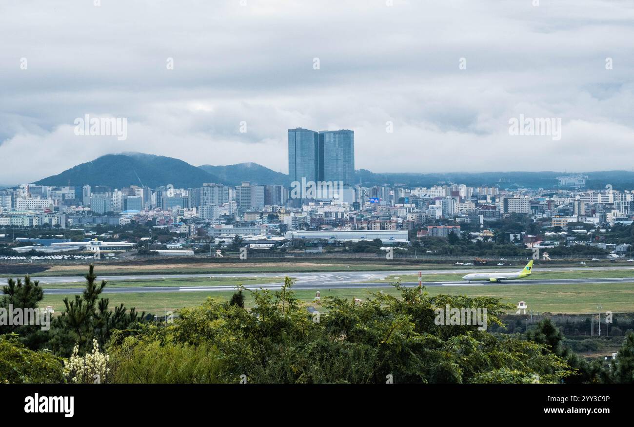 View of Jeju Airport from Dodubong Peak, Jeju City, Jeju Island, South ...