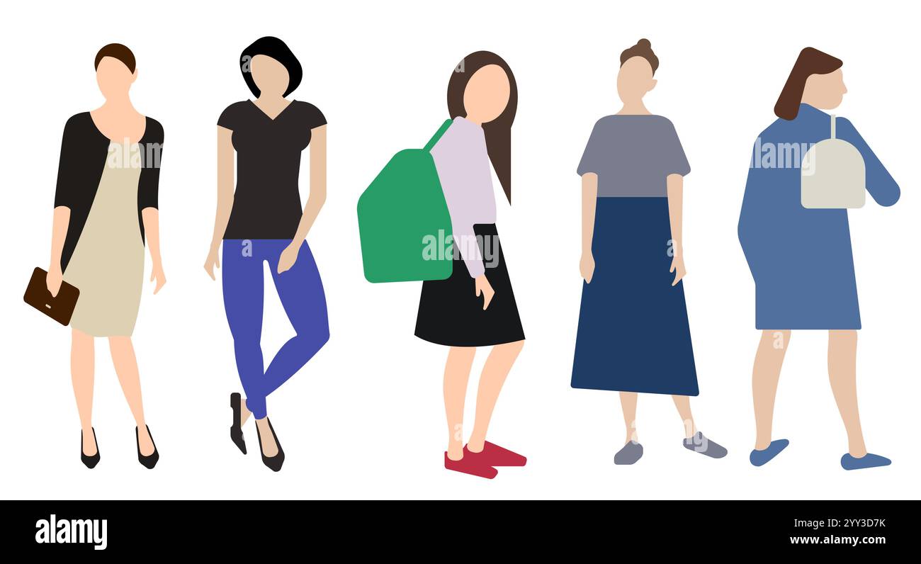 Five fictional characters, all female. Flat vector illustration ...