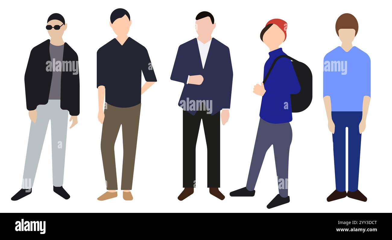 Five fictional characters, all male. Flat vector illustration isolated ...