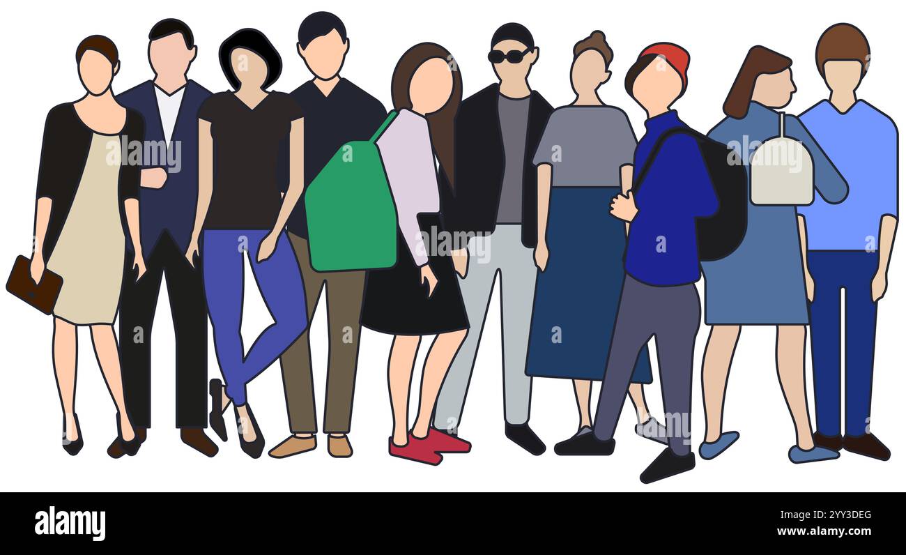 Ten fictional characters with outlines, men and women, a dense mixed ...