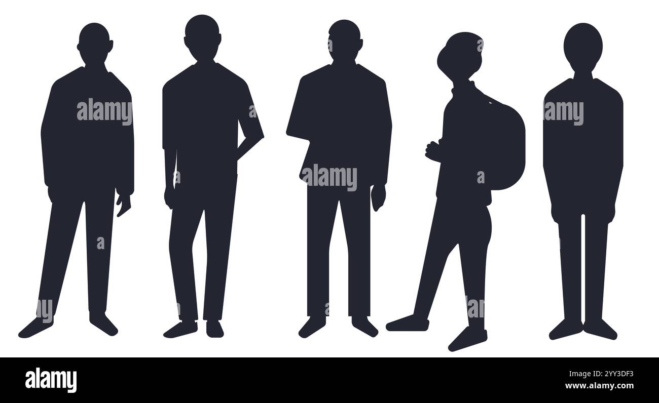 Five silhouette characters, only men. Flat vector illustration isolated ...