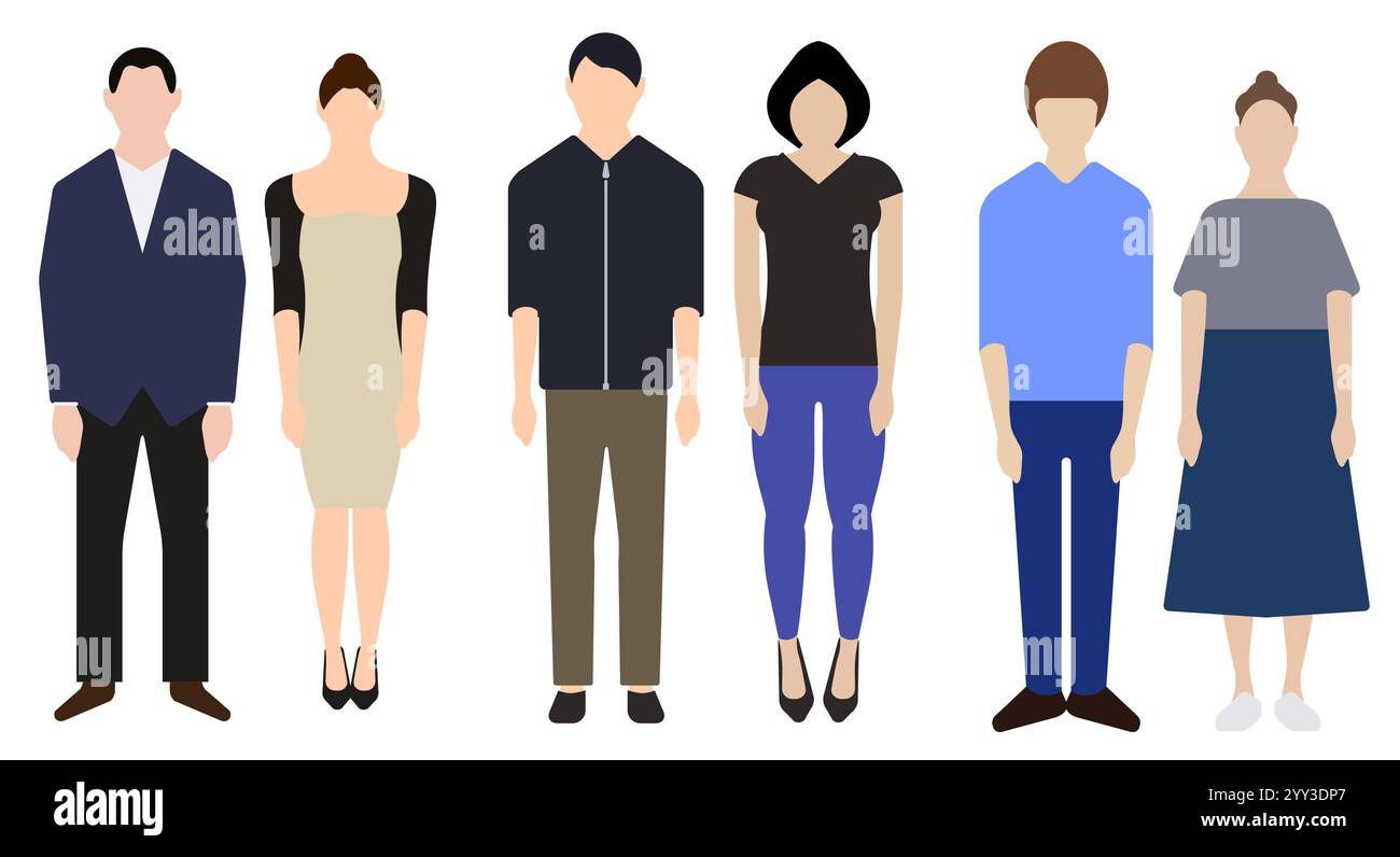 Six symmetrical characters, male and female. Flat vector illustration ...