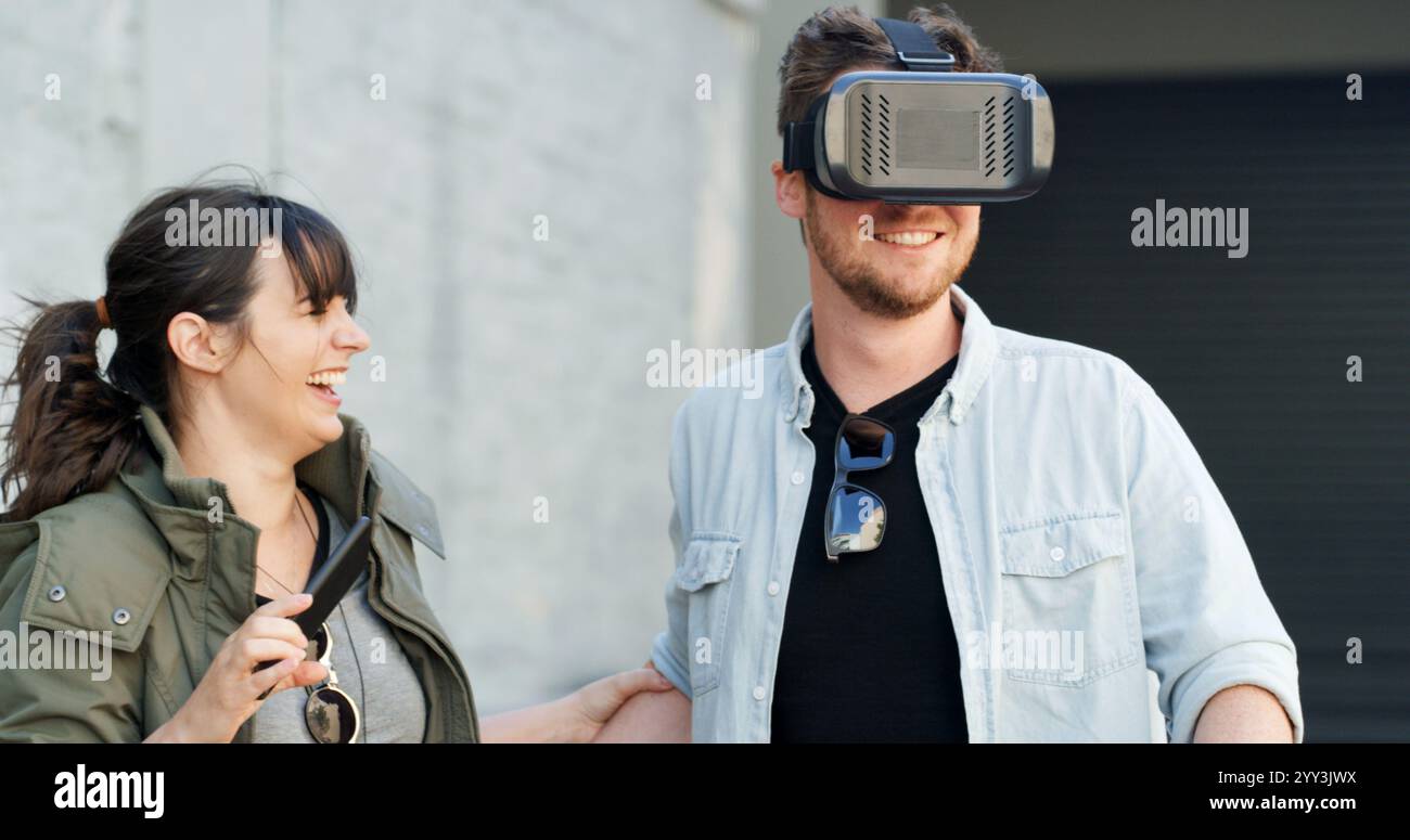 Couple, vr and headset in city with game, laughing and guide for rpg ...