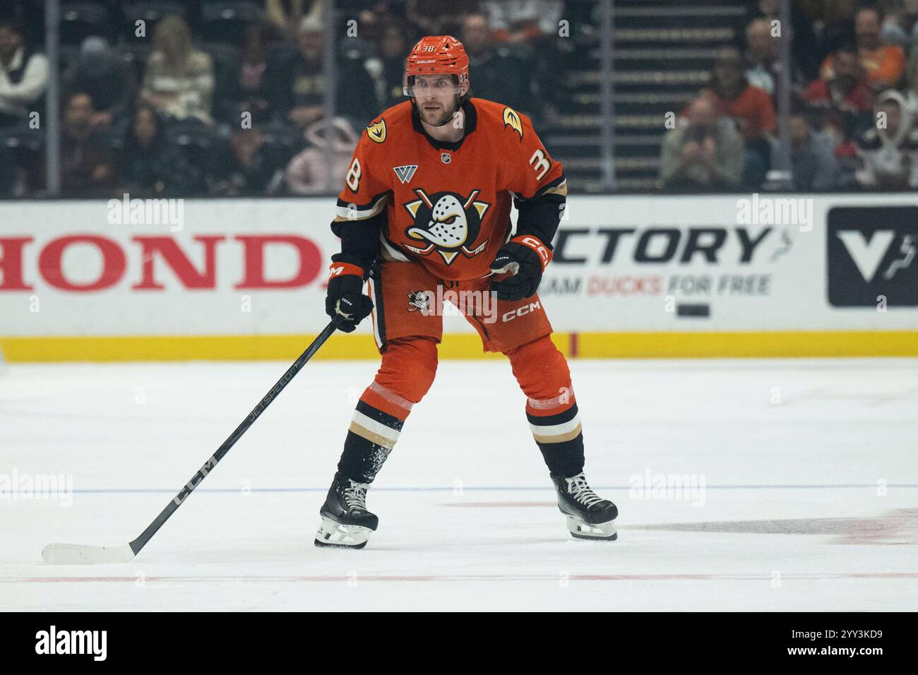 Anaheim Ducks center Jansen Harkins (38) takes his stance during an NHL ...