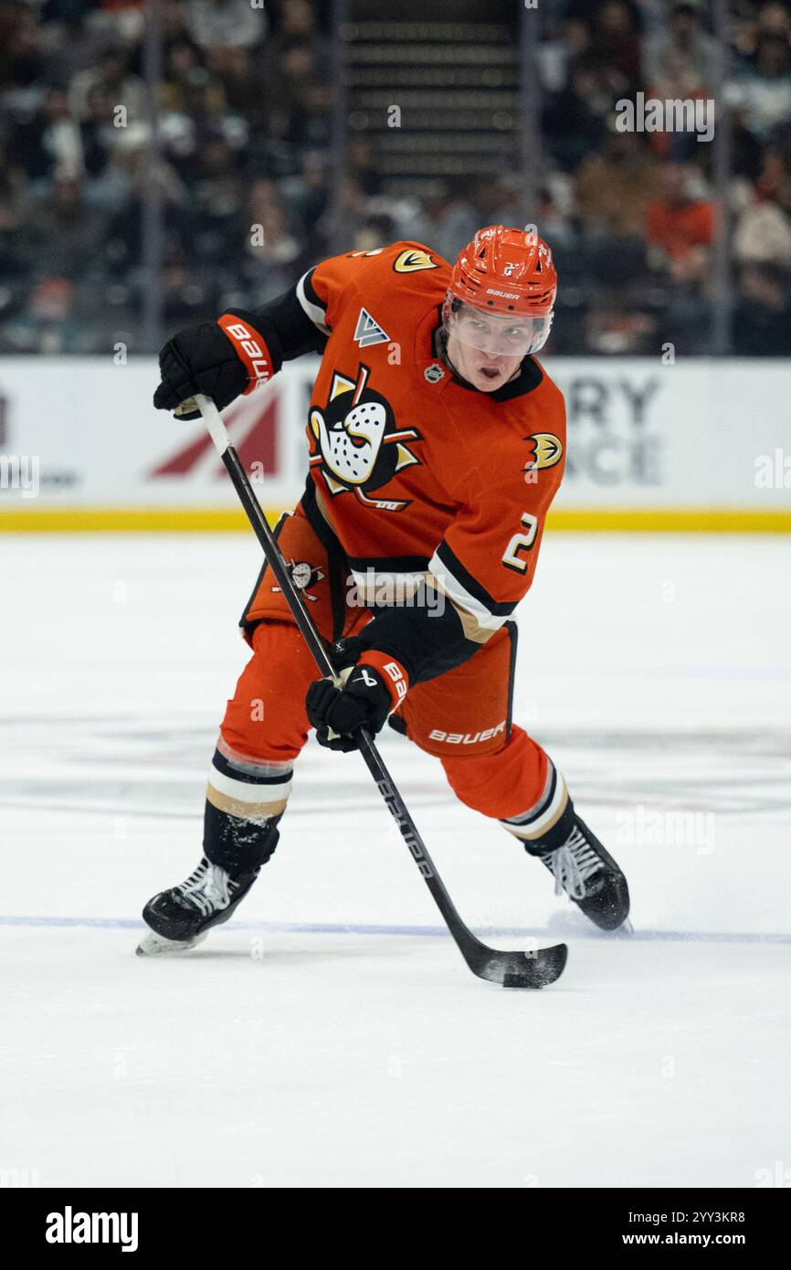 Anaheim Ducks defenseman Jackson LaCombe (2) shoots during an NHL ...